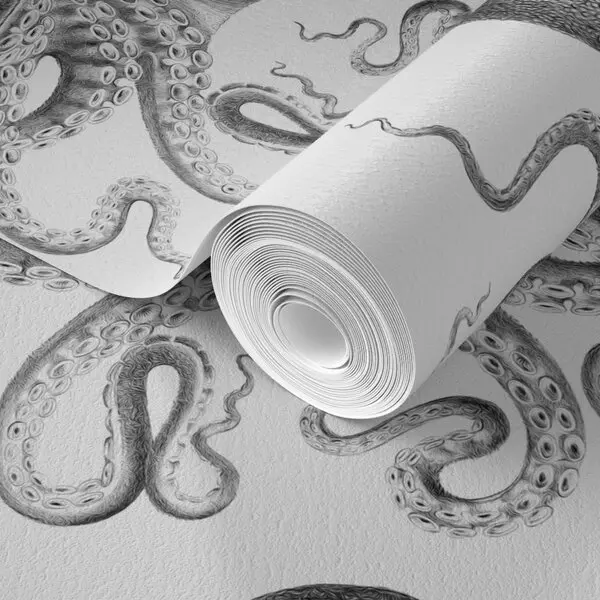 Spoonflower Octopus Kraken Vintage Style Steampunk Charcoal 100% Natural Sisal Grasscloth Wallcovering - Gray,white,black