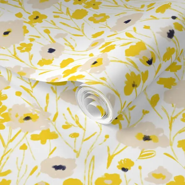 Spoonflower Flower Blue Yellow Summer Garden Wildflowers Custom Removable Wallpaper - Yellow,beige,gray
