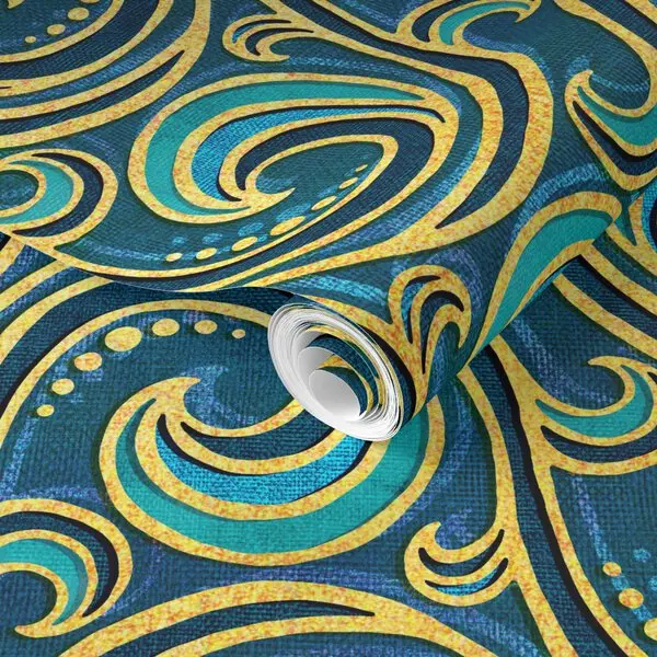Spoonflower Modern Rococo Mermaid Ocean Waves Large Custom Pre-pasted Wallpaper - Blue,yellow,green