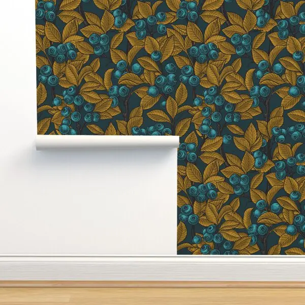 Spoonflower Blueberries Lagoon And Mustard 100% Natural Sisal Grasscloth Wallcovering