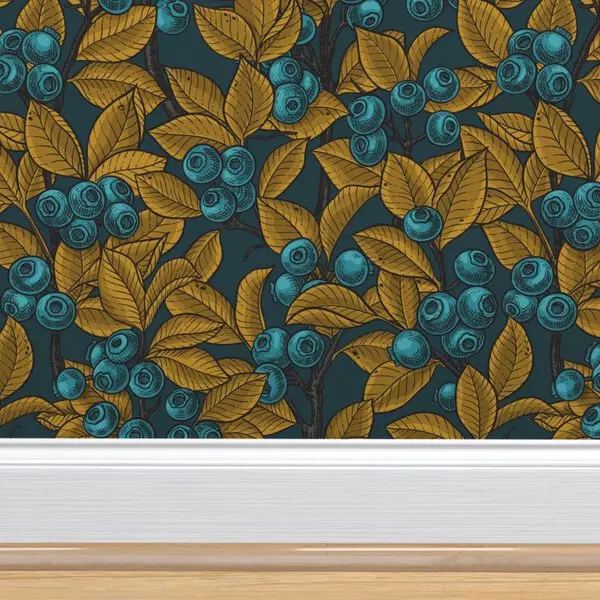 Spoonflower Blueberries Lagoon And Mustard 100% Natural Sisal Grasscloth Wallcovering