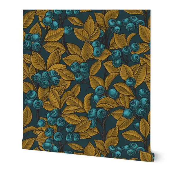 Spoonflower Blueberries Lagoon And Mustard 100% Natural Sisal Grasscloth Wallcovering