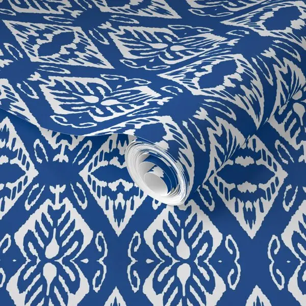 Spoonflower Diamond Ikat Navy Blue White Cobalt Classic Traditional Wallpaper - Blue,white,navy