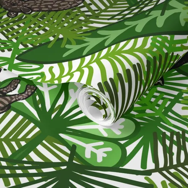 Spoonflower Green Leaves Animals Jungle Zoo Illustrated Custom Pre-pasted Wallpaper - Green,black