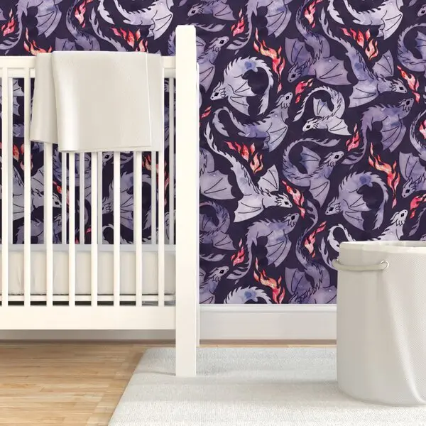 Spoonflower Fire Dragon Fantasy Custom Pre-pasted Wallpaper