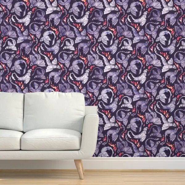 Spoonflower Fire Dragon Fantasy Custom Pre-pasted Wallpaper