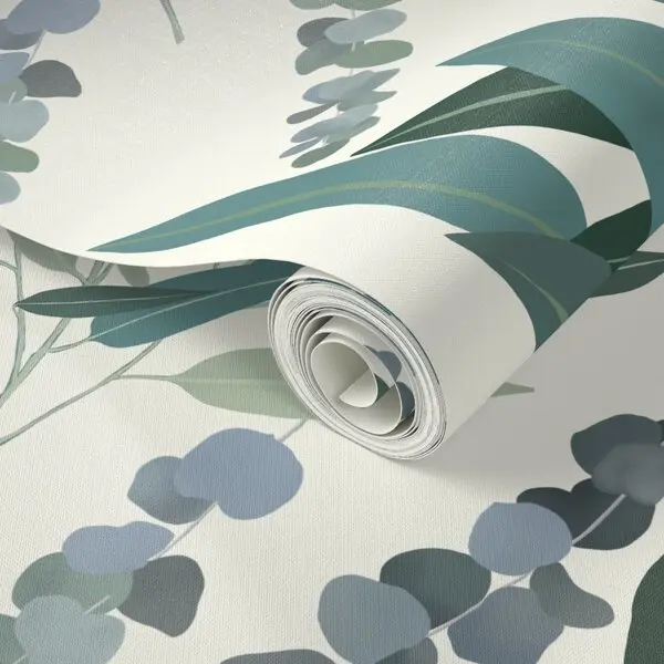 Spoonflower Eucalyptus Light Large Custom Pre-pasted Wallpaper - Beige,green,gray