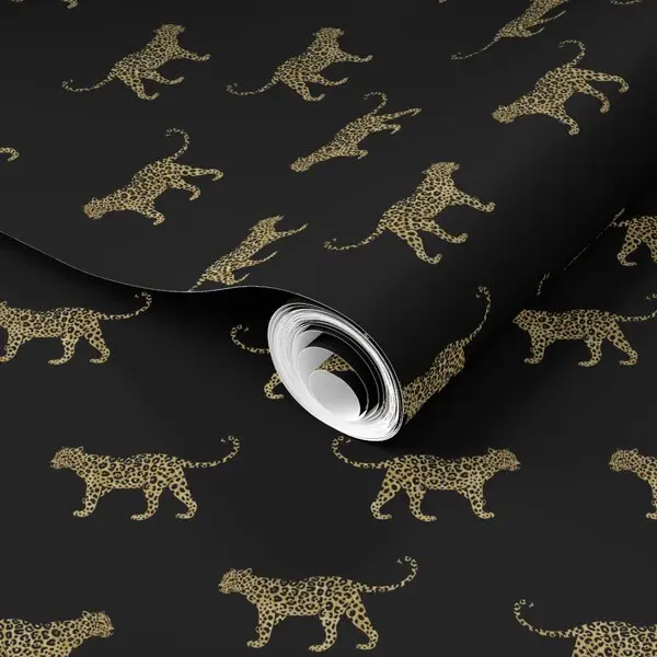 Spoonflower Black Nature Gold Animal Dark Cat Custom Pre-pasted Wallpaper - Black,brown,green