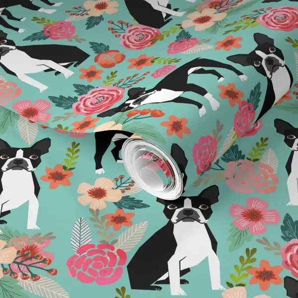 Spoonflower Boston Terrier Vintage Style Florals Dogs Mint Custom Removable Wallpaper - Mint,blue,pink