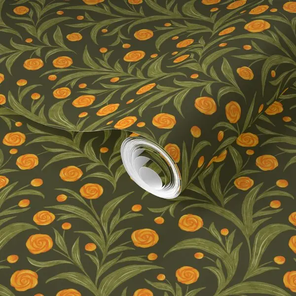 Spoonflower Garden Feminine Nursery Roses Dark Green Orange Custom Removable Wallpaper - Green,black