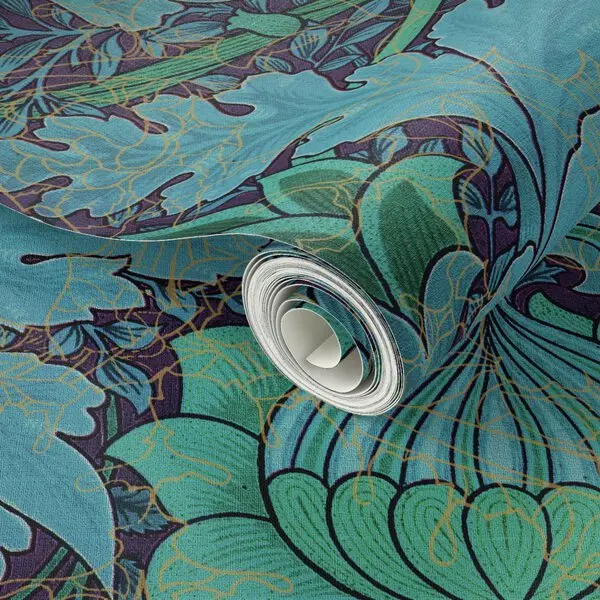 Spoonflower Damask Night Garden Floral Art Nouveau Victorian Traditional Wallpaper - Blue,green,teal