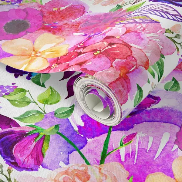 Spoonflower Pretty Pink Watercolor Floral Violet Hot Summer Traditional Wallpaper - Pink,blue,brown