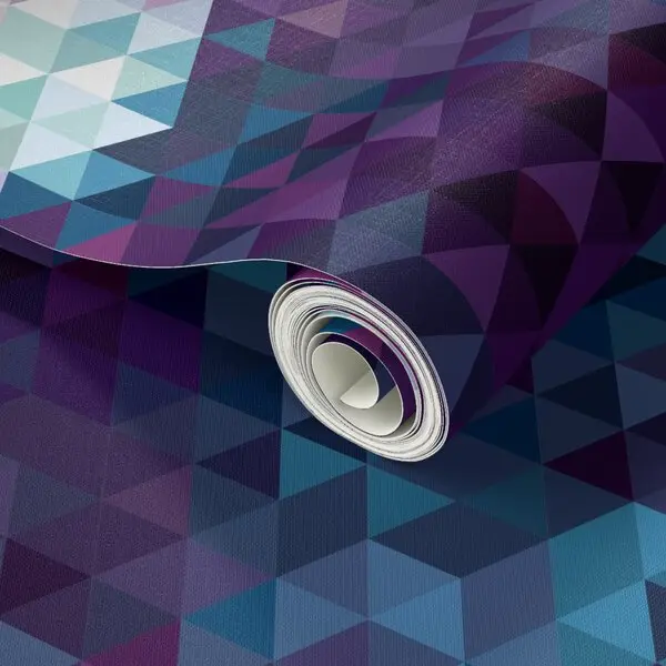 Spoonflower Triangle Geometric Purple Teal Abstract Ombre Custom Pre-pasted Wallpaper - Purple,blue