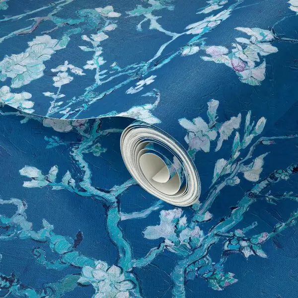 Spoonflower Impressionist Painting Art Garden Tree White Custom Pre-pasted Wallpaper - Blue