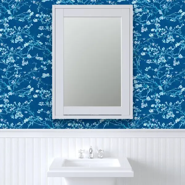 Spoonflower Impressionist Painting Art Garden Tree White Custom Pre-pasted Wallpaper - Blue