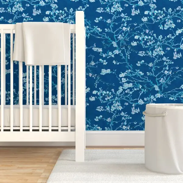 Spoonflower Impressionist Painting Art Garden Tree White Custom Pre-pasted Wallpaper - Blue