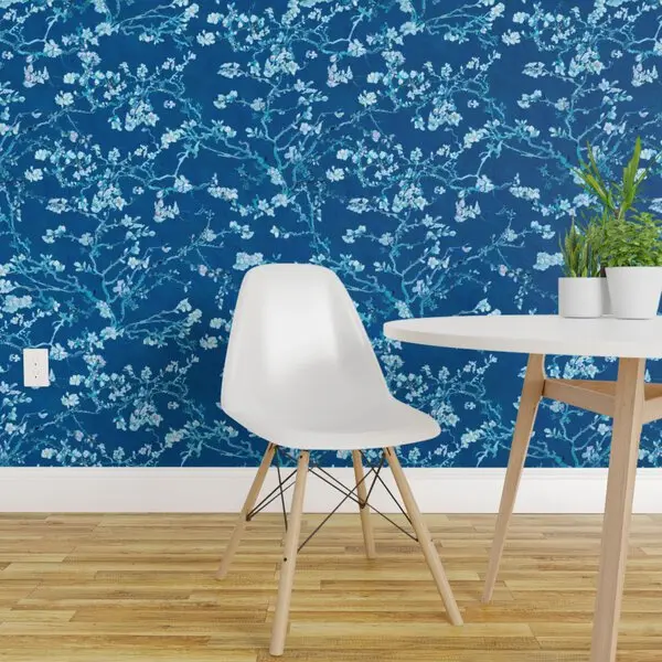 Spoonflower Impressionist Painting Art Garden Tree White Custom Pre-pasted Wallpaper - Blue