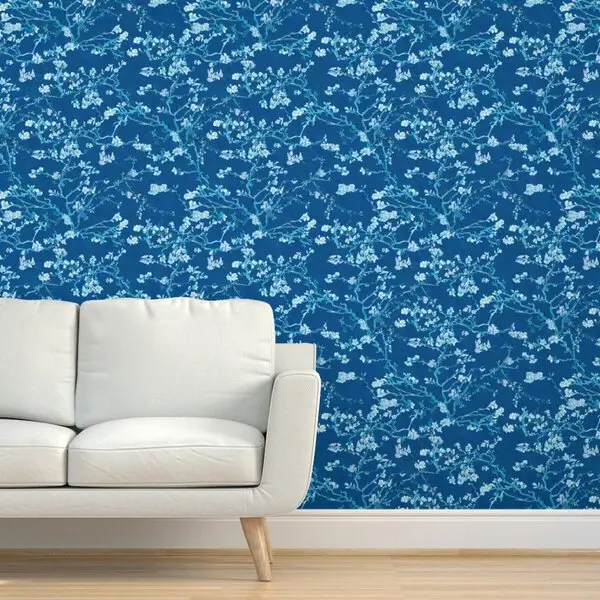 Spoonflower Impressionist Painting Art Garden Tree White Custom Pre-pasted Wallpaper - Blue