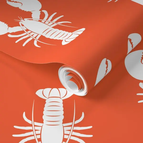 Spoonflower Orange Red Lobster Nautical Custom Pre-pasted Wallpaper - Orange,gray,pink