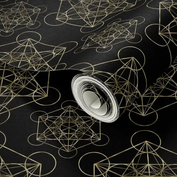 Spoonflower Black And Gold Sacred Geometry Metatron Cube Custom Removable Wallpaper - Black,gray