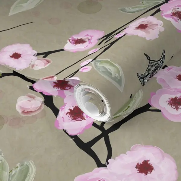 Spoonflower Pink Japanese Spring Japan Watercolor Cherry Tree Traditional Wallpaper - Pink,beige,gray