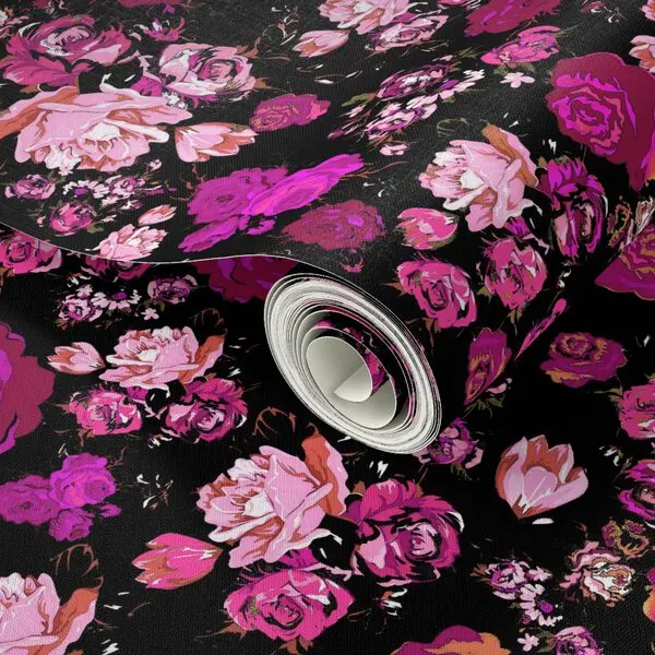 Spoonflower Antique Inspired Floral Hot Pink Magenta Black Traditional Wallpaper - Black,pink