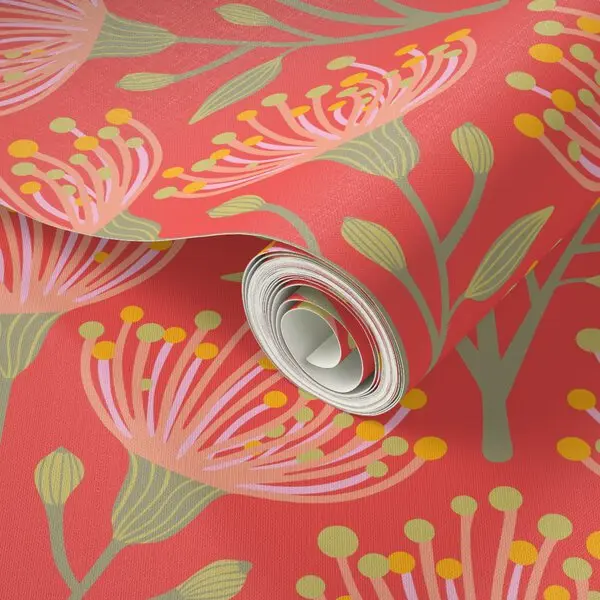 Spoonflower Pink Green Yellow Floral Orange Botanical Custom Removable Wallpaper - Coral,orange,brown