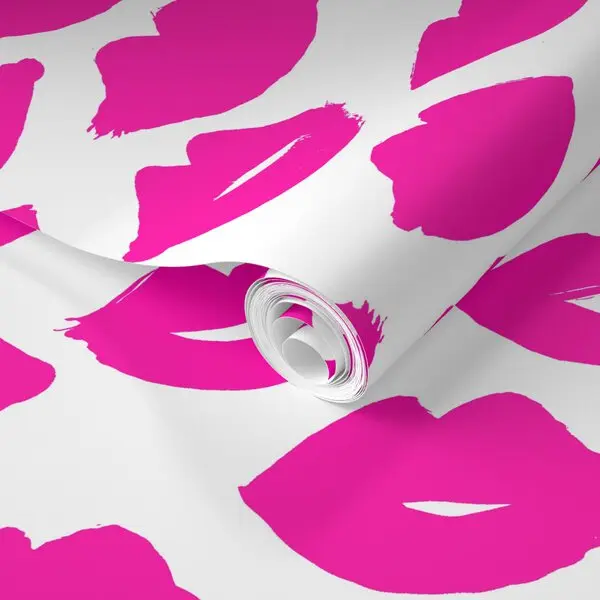 Spoonflower Valentines Lips Lipstick Kiss Kisses Pink Day Traditional Wallpaper - White,pink,purple