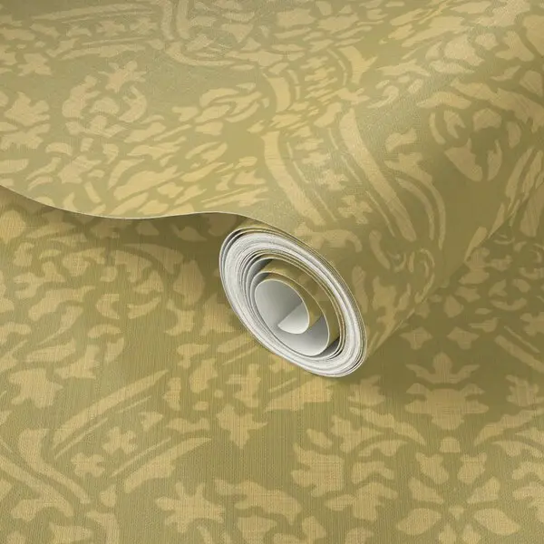 Spoonflower Green Floral Gold Victorian Neutral Damask Ornate Custom Pre-pasted Wallpaper - Brown,yellow