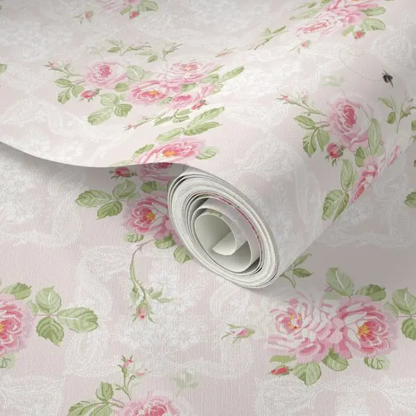 Spoonflower Flowers Roses Lace Bee Pink Shabby Chic Spring Custom Pre-pasted Wallpaper - White,brown,gray