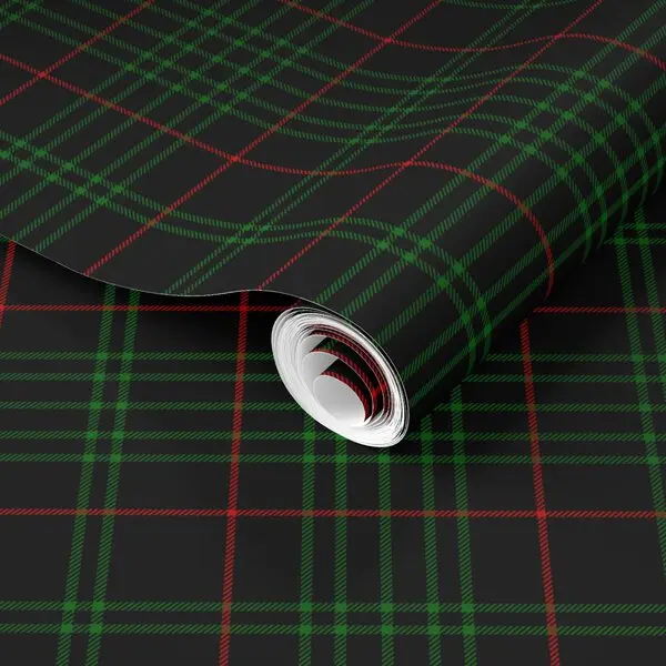 Spoonflower Black Green Plaid Red Tartan Scottish Renwick Custom Pre-pasted Wallpaper - Black,brown,green