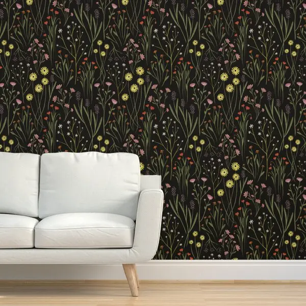 Spoonflower Meadow Flowers 100% Natural Sisal Grasscloth Wallcovering
