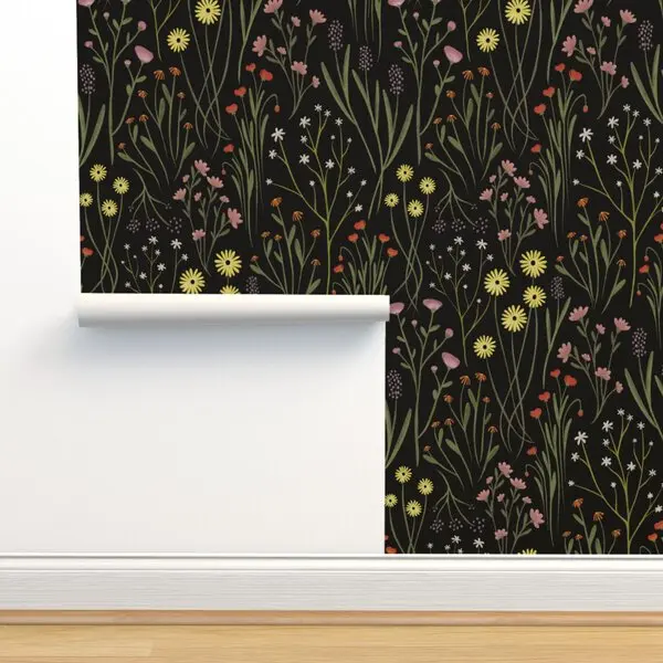 Spoonflower Meadow Flowers 100% Natural Sisal Grasscloth Wallcovering