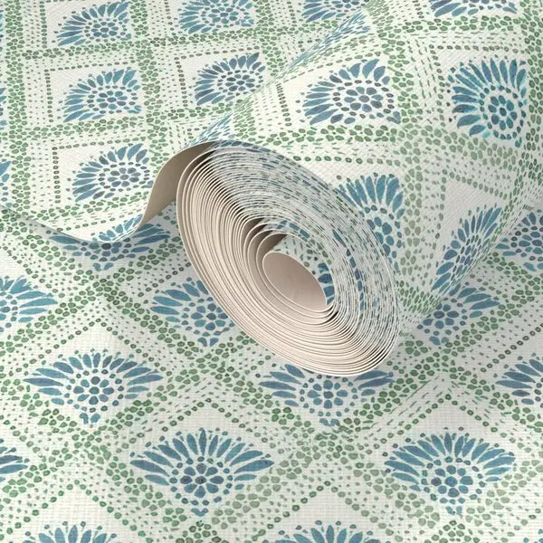 Spoonflower Blue Fans Block 100% Natural Sisal Grasscloth Wallcovering - Green