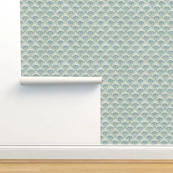 Spoonflower Blue Fans Block 100% Natural Sisal Grasscloth Wallcovering - Green