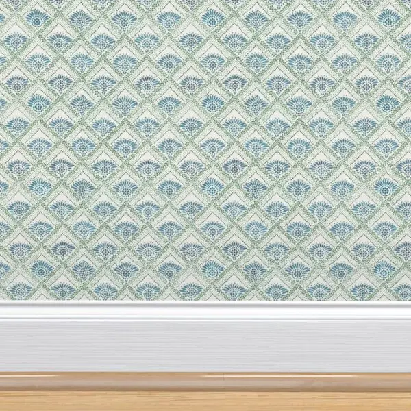 Spoonflower Blue Fans Block 100% Natural Sisal Grasscloth Wallcovering - Green