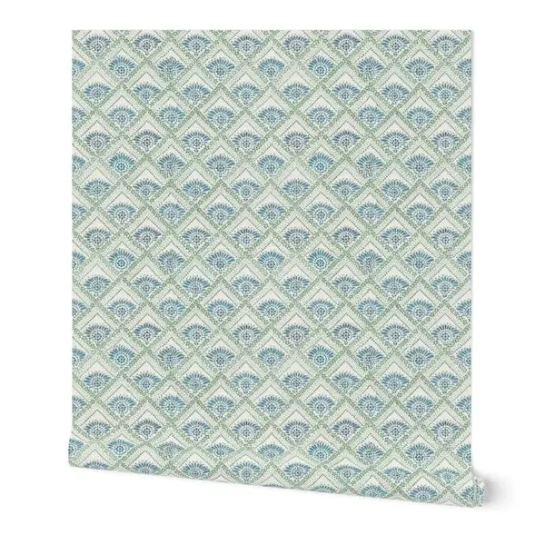 Spoonflower Blue Fans Block 100% Natural Sisal Grasscloth Wallcovering - Green