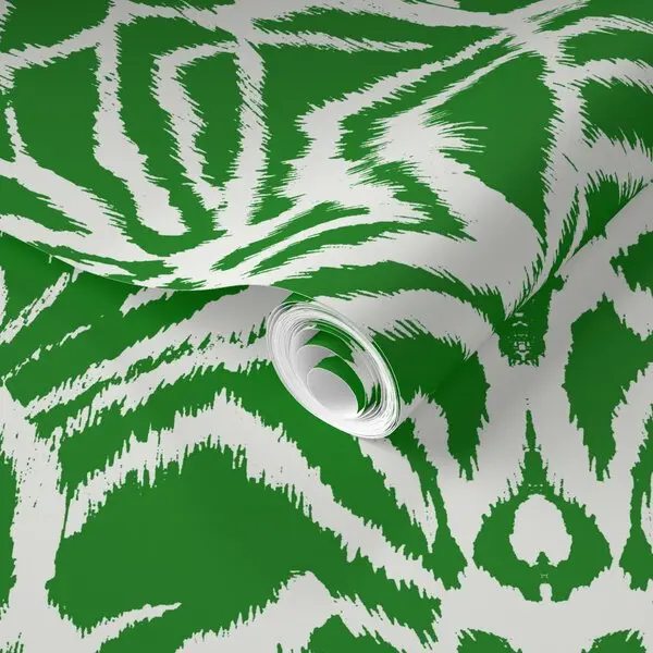 Spoonflower Wild Ikat Emerald Boho Animal Green Zebra Traditional Wallpaper - Green,white,mint