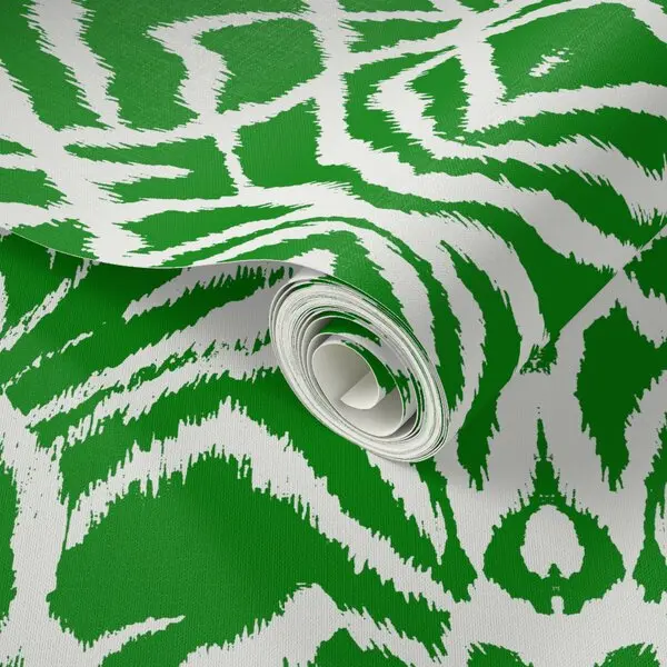 Spoonflower Wild Ikat Emerald Boho Animal Green Zebra Traditional Wallpaper - Green,white,mint
