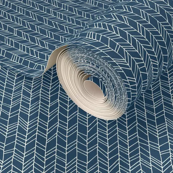 Spoonflower Blueberry Crazy Herringbone 100% Natural Sisal Grasscloth Wallcovering - Navy,blue