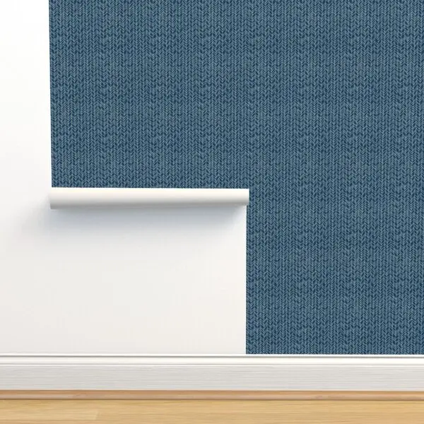 Spoonflower Blueberry Crazy Herringbone 100% Natural Sisal Grasscloth Wallcovering - Navy,blue
