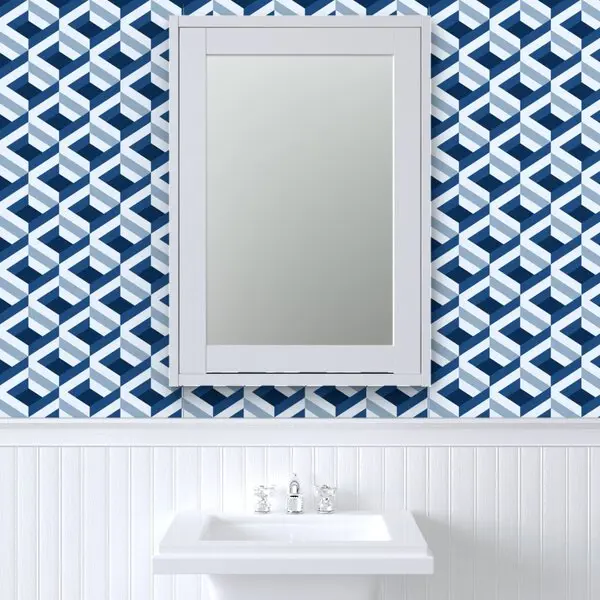 Spoonflower White Diamonds Stripe Blue Pattern Striped Lines Custom Pre-pasted Wallpaper