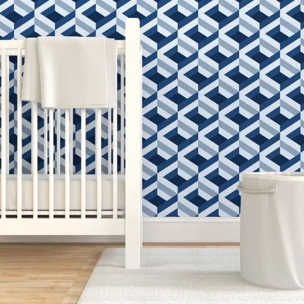 Spoonflower White Diamonds Stripe Blue Pattern Striped Lines Custom Pre-pasted Wallpaper