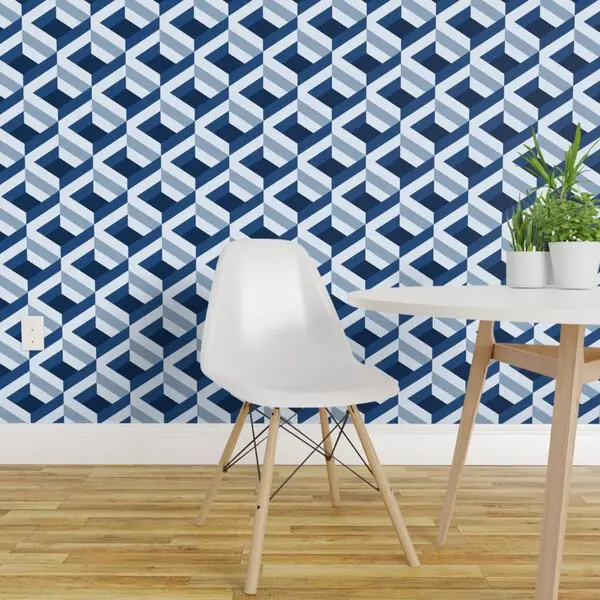 Spoonflower White Diamonds Stripe Blue Pattern Striped Lines Custom Pre-pasted Wallpaper