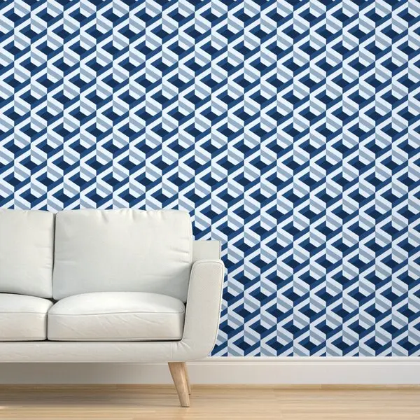 Spoonflower White Diamonds Stripe Blue Pattern Striped Lines Custom Pre-pasted Wallpaper