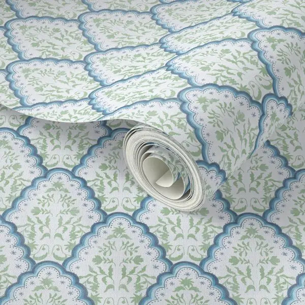 Spoonflower Small Blue Green Scallop Paisley Traditional Custom Pre-pasted Wallpaper - Blue,white,mint