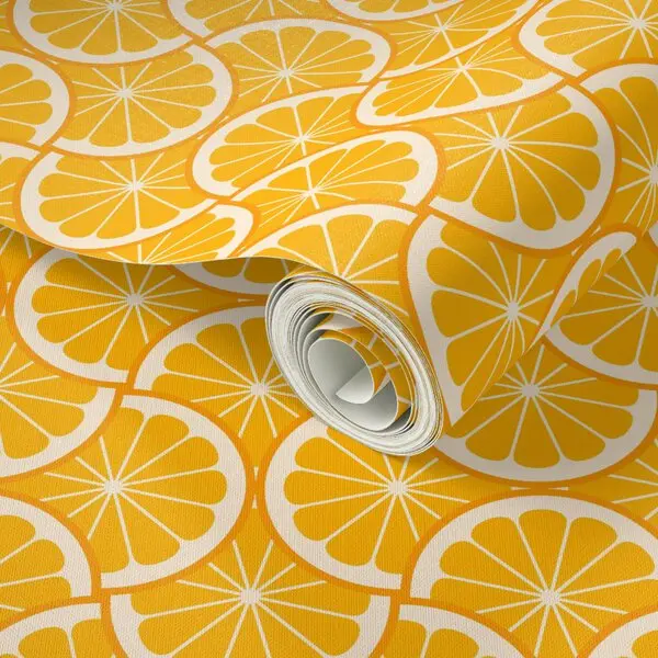 Spoonflower Orange Fruit Citrus Circle Food Scale Traditional Wallpaper - Yellow,beige,green