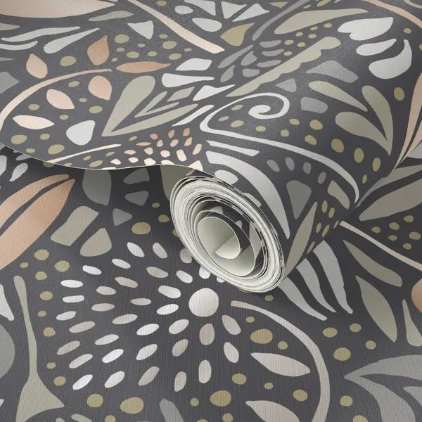 Spoonflower Neutral Bedding Flower Jumbo Bohemian Floral Traditional Wallpaper - Gray,copper,white