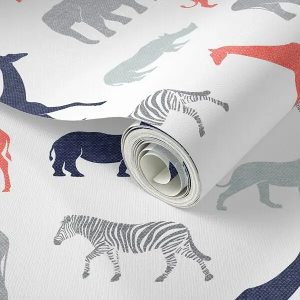 Spoonflower Elephants Rhino Wild Safari Themed Lion Zebras Custom Pre-pasted Wallpaper - Gray,blue,pink