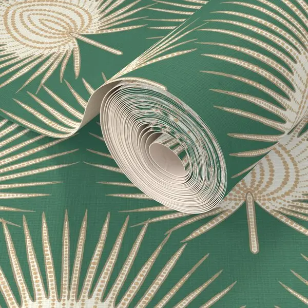 Spoonflower Fan Palms Green Boho Glam 1920s Bronze Color 100% Natural Sisal Grasscloth Wallcovering - Green,bronze